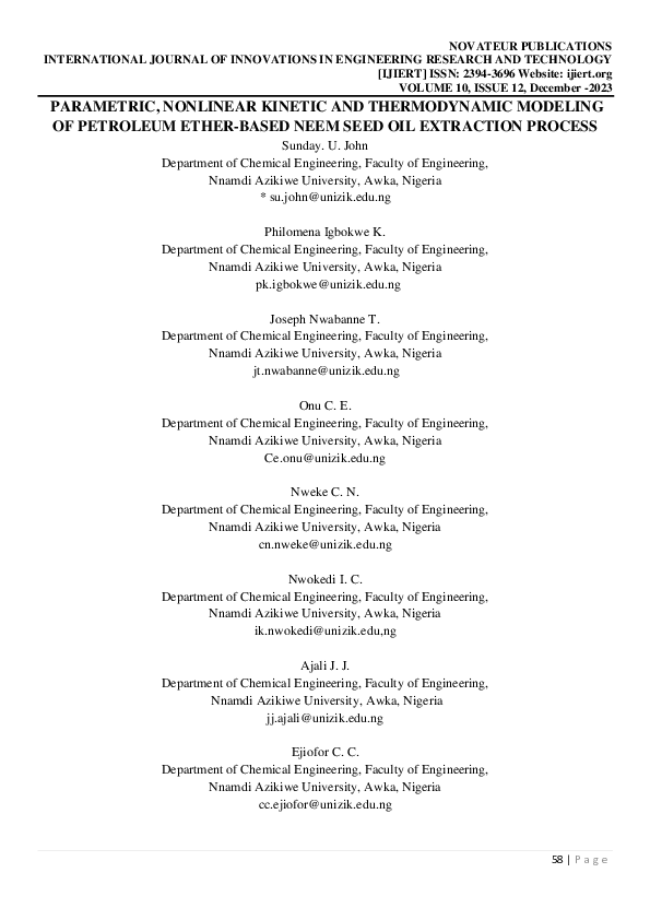 (PDF) PARAMETRIC, NONLINEAR KINETIC AND THERMODYNAMIC MODELING OF PETROLEUM ETHER-BASED NEEM ...