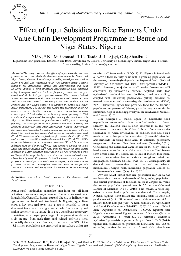 (PDF) Effect of Input Subsidies on Rice Farmers Under Value Chain ...
