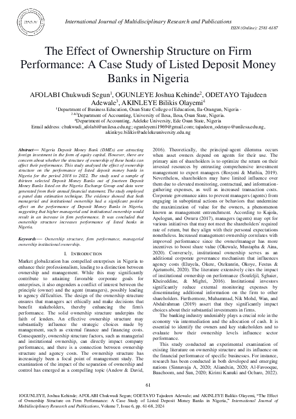 (PDF) The Effect of Ownership Structure on Firm Performance: A Case Study of Listed Deposit ...