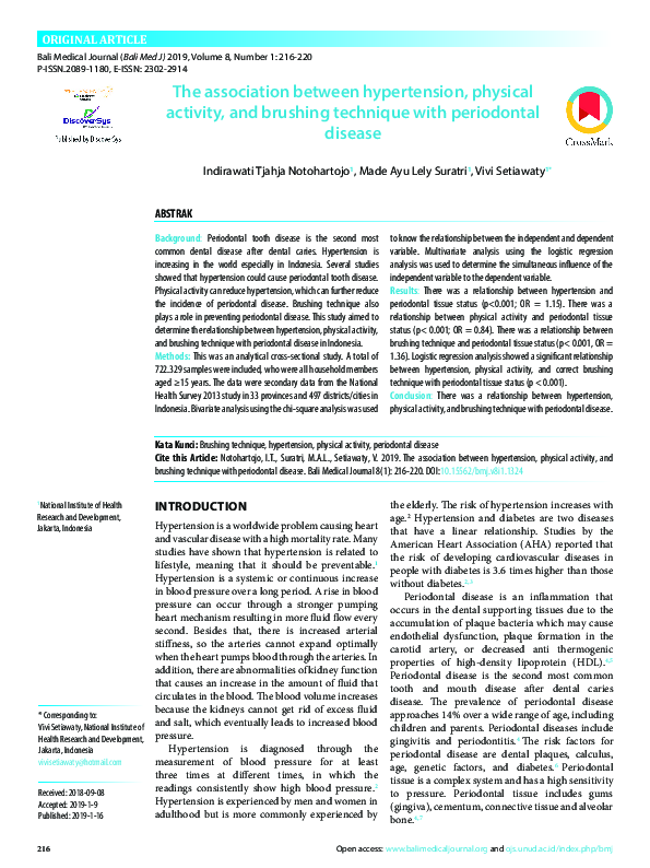 (PDF) The association between hypertension, physical activity, and brushing technique with ...