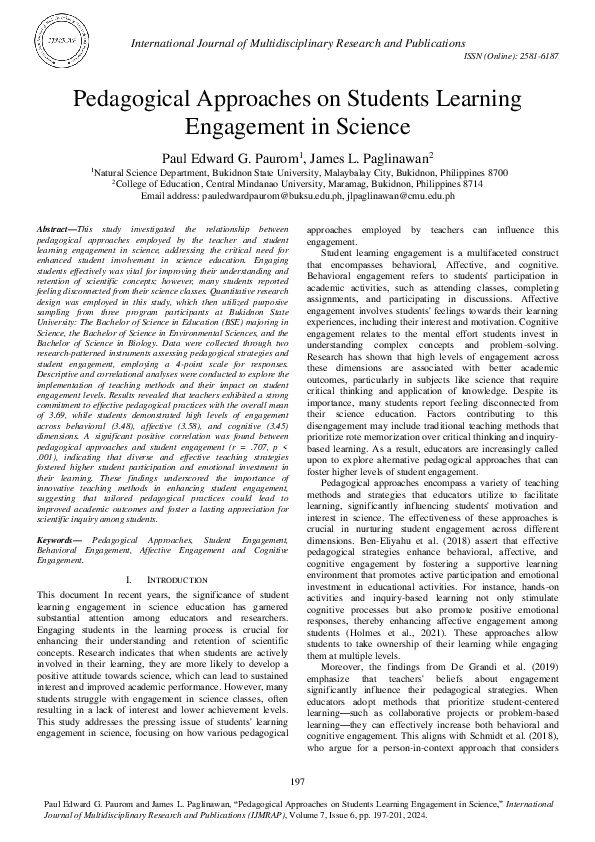 (PDF) Pedagogical Approaches on Students Learning Engagement in Science