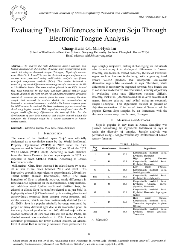 (PDF) Evaluating Taste Differences in Korean Soju Through Electronic Tongue Analysis