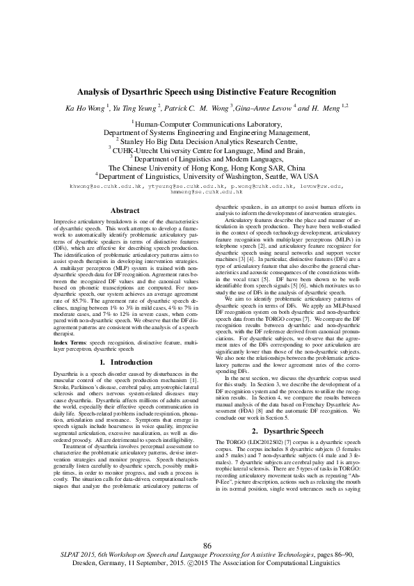(PDF) Analysis of Dysarthric Speech using Distinctive Feature Recognition