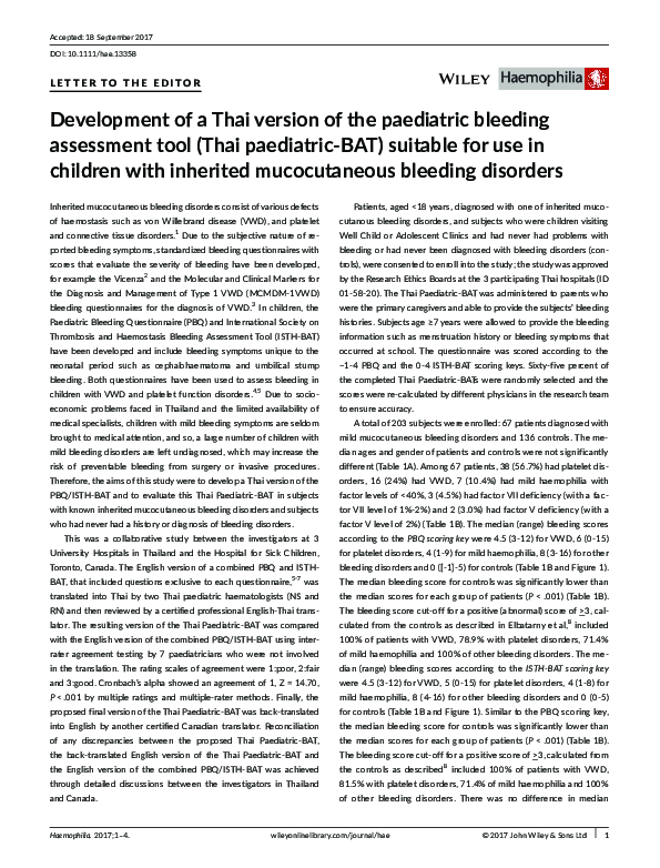 (PDF) Development of a Thai version of the paediatric bleeding ...