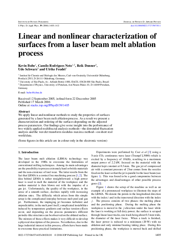 (PDF) Linear and nonlinear characterization of surfaces from a laser beam melt ablation process