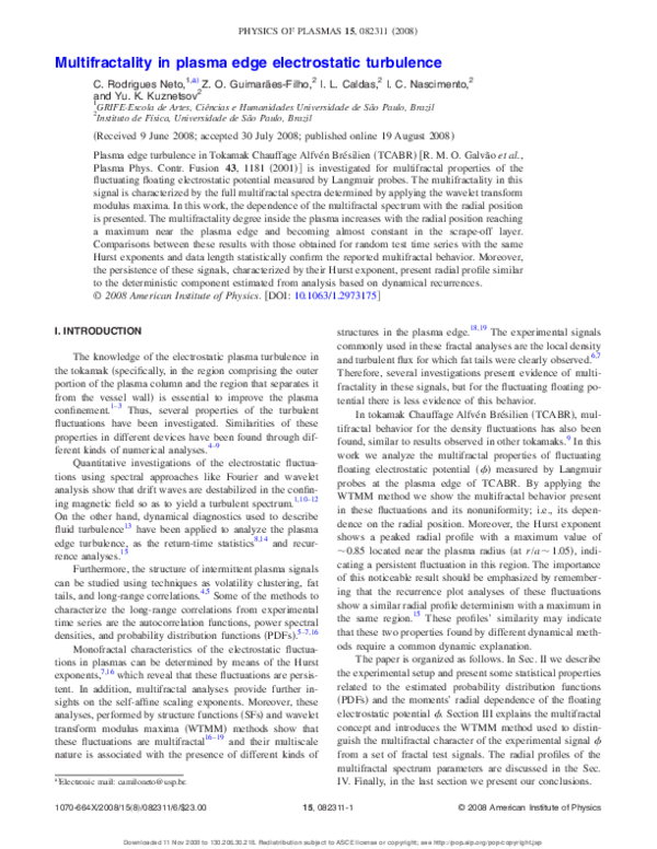 (PDF) Multifractality in plasma edge electrostatic turbulence