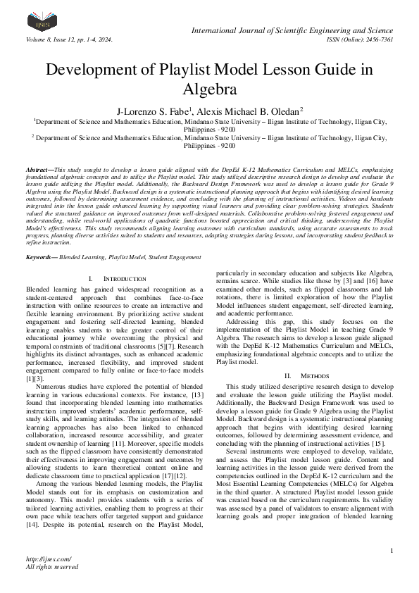 (PDF) Development of Playlist Model Lesson Guide in Algebra