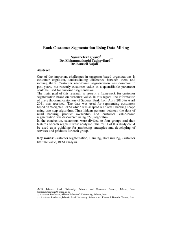 Pdf Bank Customer Segmentation Using Data Mining