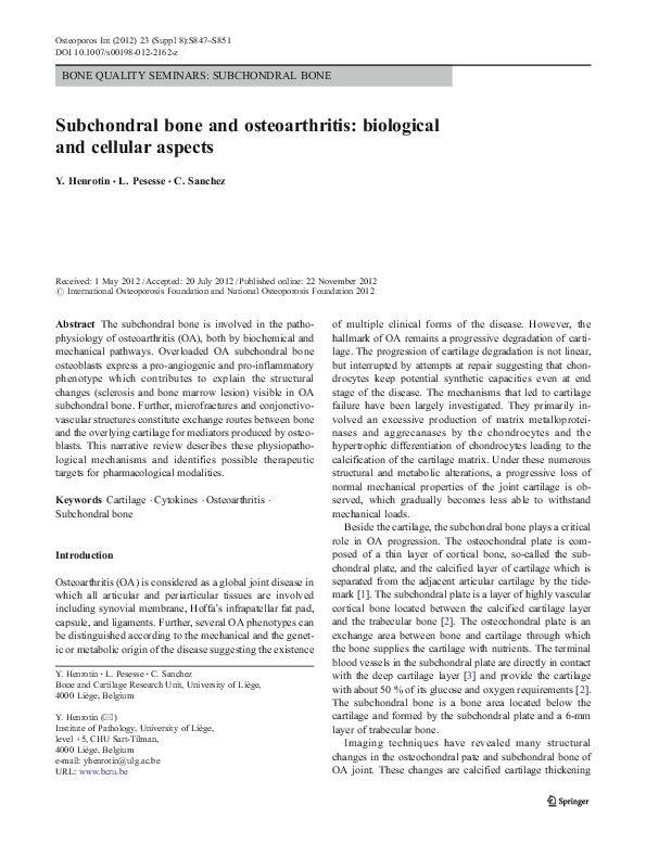 (PDF) Subchondral bone and osteoarthritis: biological and cellular aspects