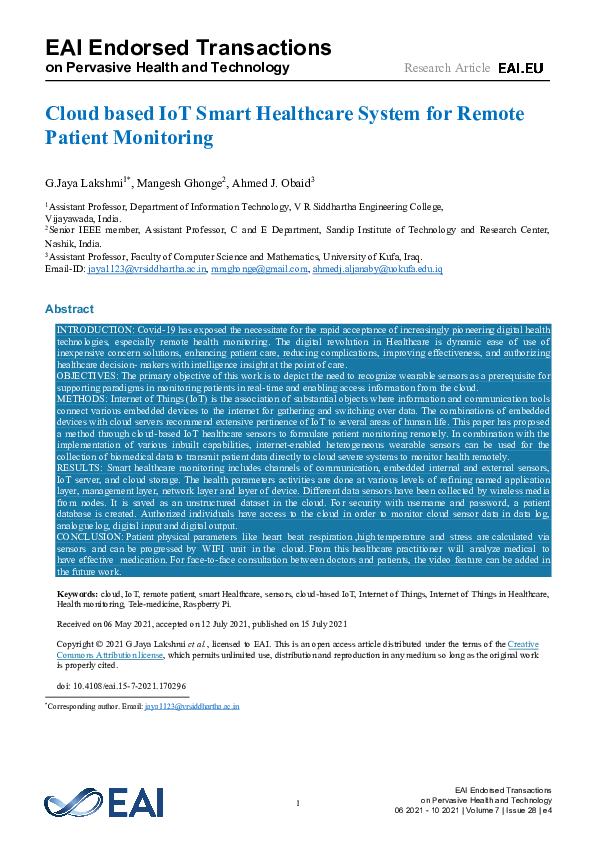 (PDF) Cloud based IoT Smart Healthcare System for Remote Patient Monitoring