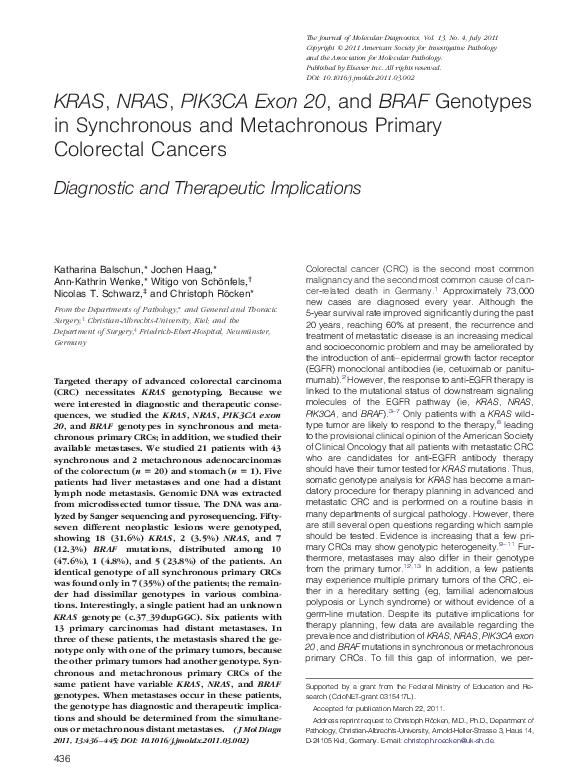 (PDF) KRAS, NRAS, PIK3CA Exon 20, and BRAF Genotypes in Synchronous and ...