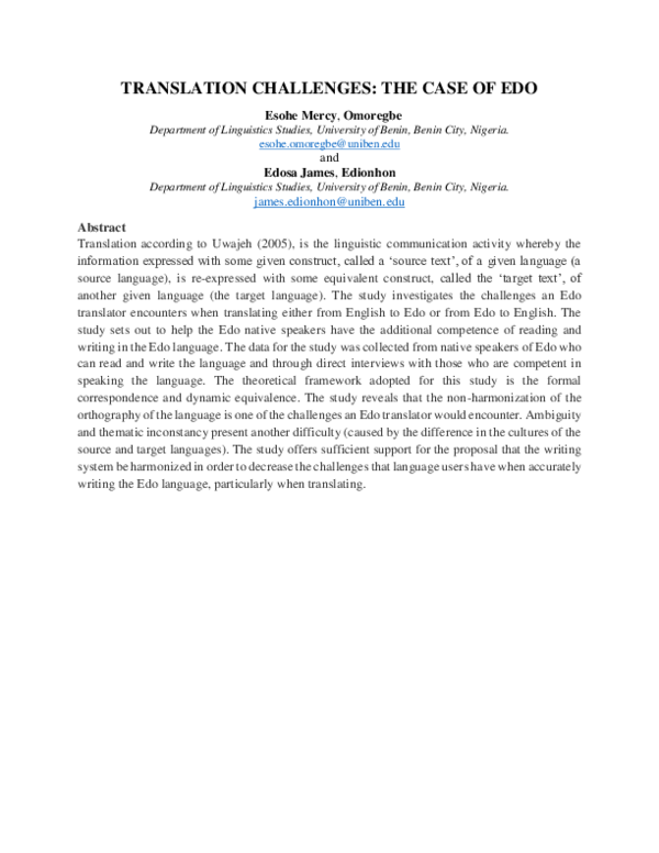 (PDF) TRANSLATION CHALLENGES: THE CASE OF EDO