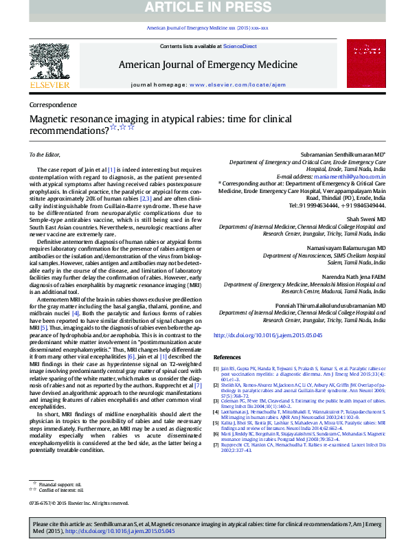 (PDF) Magnetic resonance imaging in atypical rabies: time for clinical ...