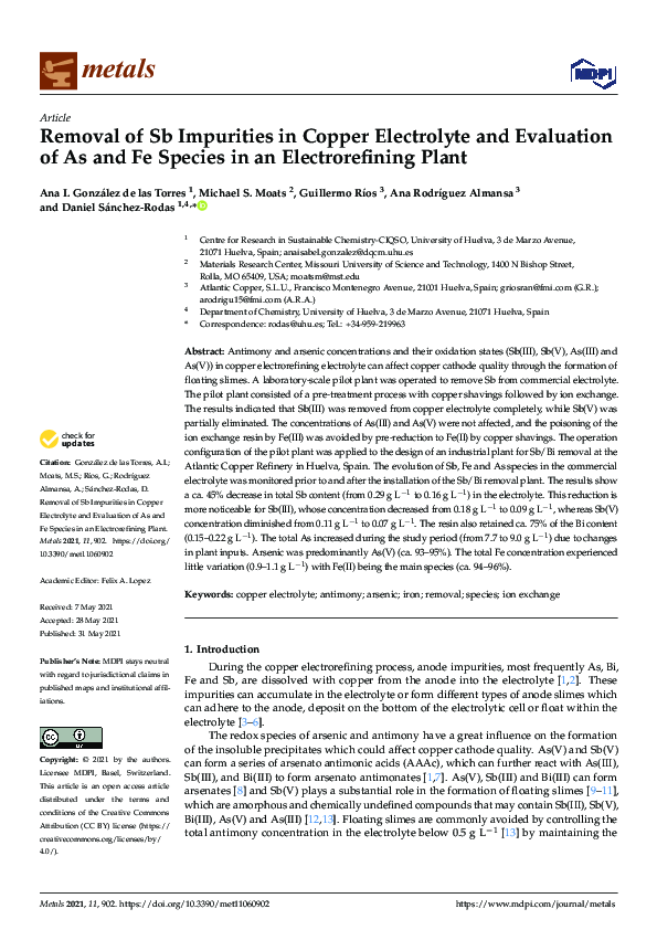 (PDF) Removal of Sb Impurities in Copper Electrolyte and Evaluation of ...
