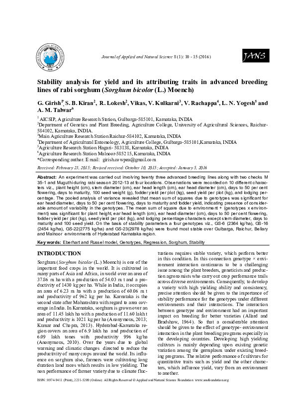 (PDF) Stability analysis for yield and its attributing traits in advanced breeding lines of rabi ...