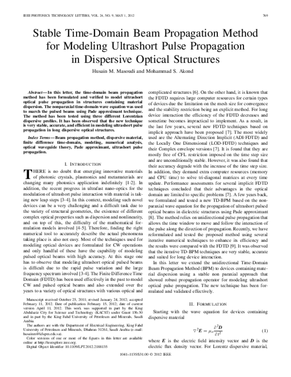 (PDF) Stable Time-Domain Beam Propagation Method for Modeling Ultrashort Pulse Propagation in ...