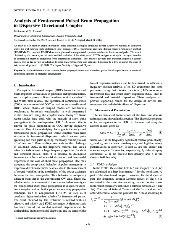 (PDF) Analysis of femtosecond pulsed beam propagation in dispersive directional coupler