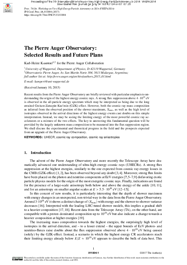 (PDF) The Pierre Auger Observatory: Selected Results and Future Plans