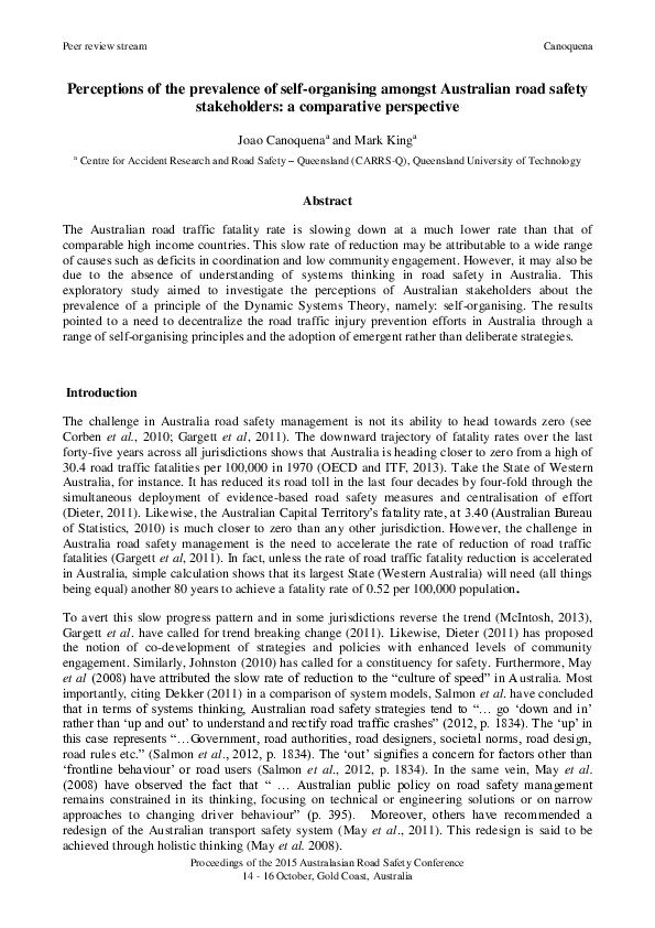(PDF) Perceptions of the prevalence of self-organising amongst Australian road safety ...