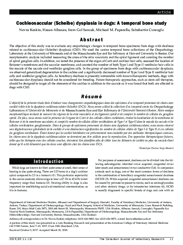 (PDF) Cochleosaccular (Scheibe) dysplasia in dogs: A temporal bone study