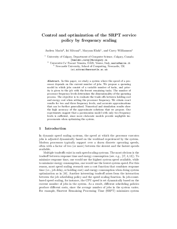 (PDF) Control and Optimization of the SRPT Service Policy by Frequency Scaling