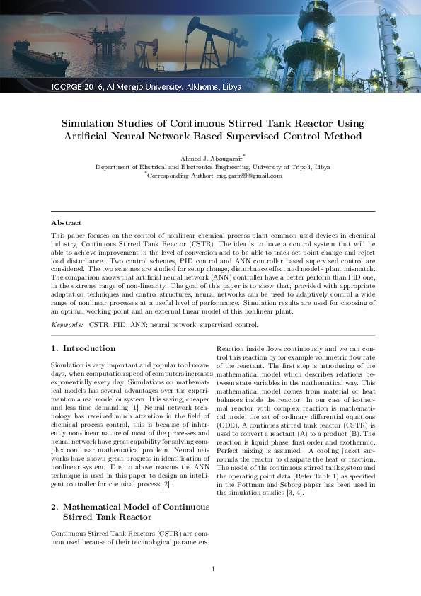 (PDF) Simulation Studies of Continuous Stirred Tank Reactor Using Artificial Neural Network ...