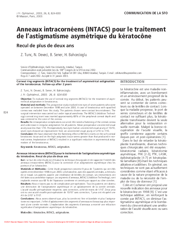 (PDF) [Corneal ring segments (INTACS) for the treatment of asymmetrical ...