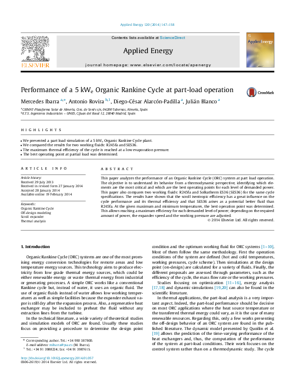 (PDF) Performance of a 5kWe Organic Rankine Cycle at part-load operation