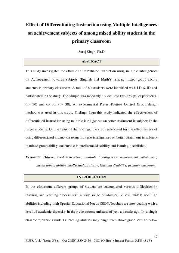(PDF) Effect of Differentiating Instruction using Multiple Intelligences on achievement subjects ...