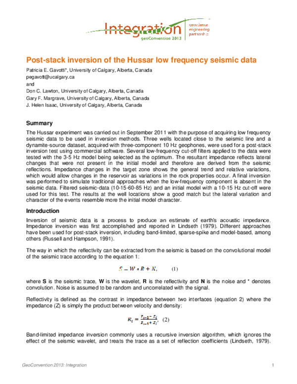 (PDF) Post-stack inversion of the Hussar low frequency seismic data