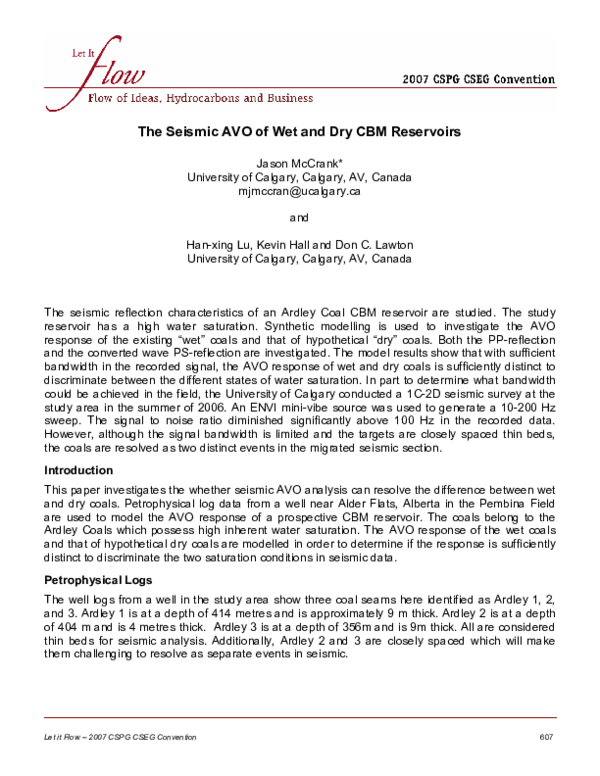 (PDF) The Seismic AVO of Wet and Dry CBM Reservoirs