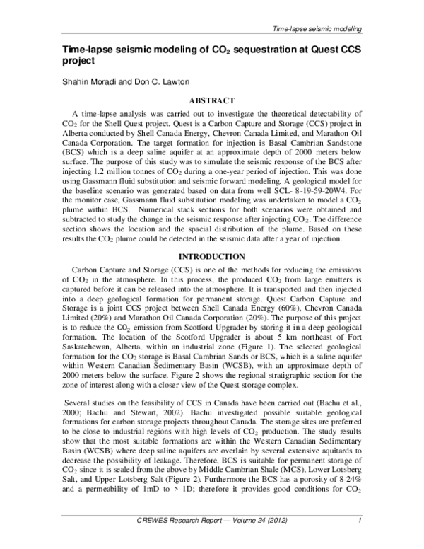 (PDF) Time-lapse seismic modeling of CO2 sequestration at Quest CCS project