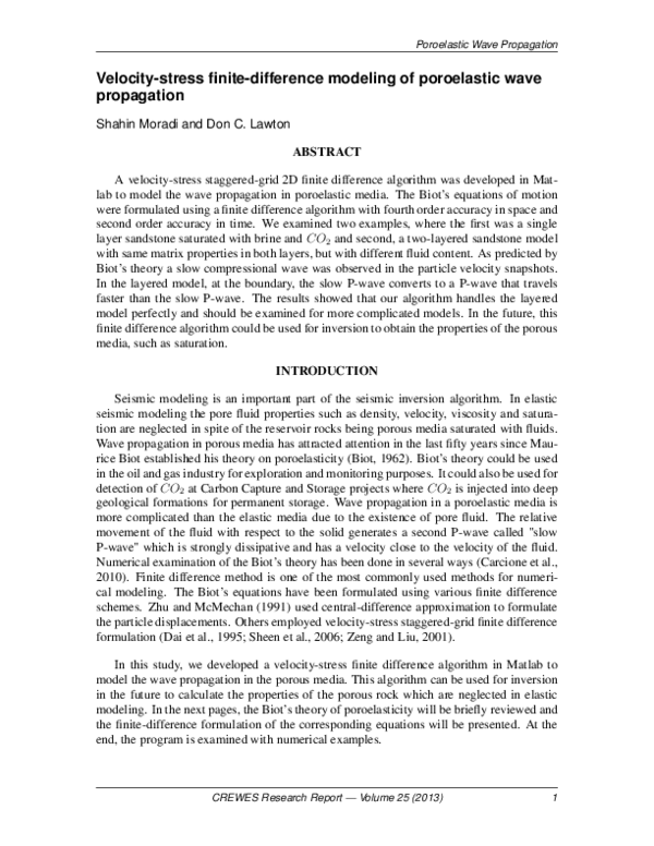 (PDF) Velocity-stress finite-difference modeling of poroelastic wave propagation
