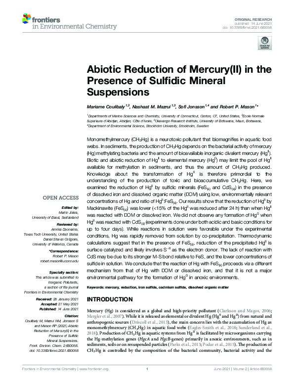 (PDF) Abiotic Reduction of Mercury(II) in the Presence of Sulfidic ...