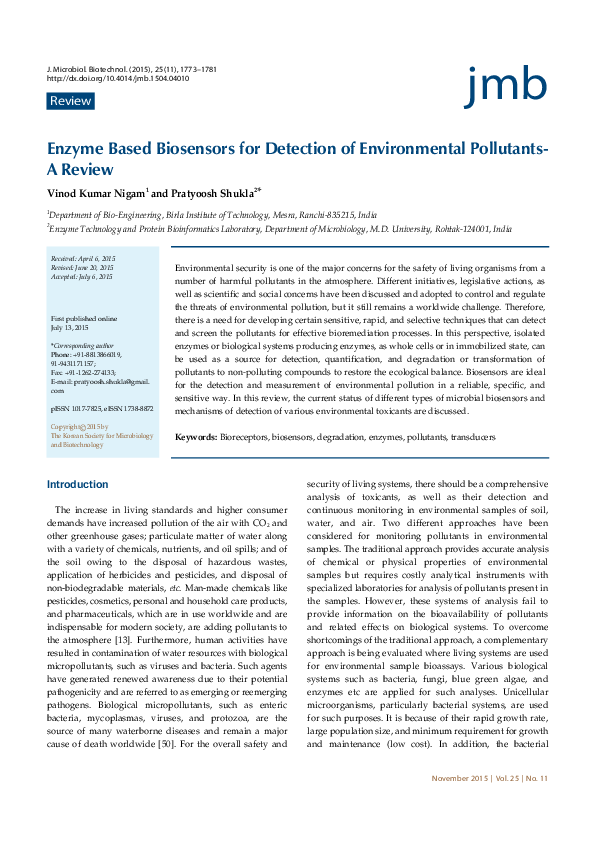 (PDF) Enzyme Based Biosensors for Detection of Environmental Pollutants ...