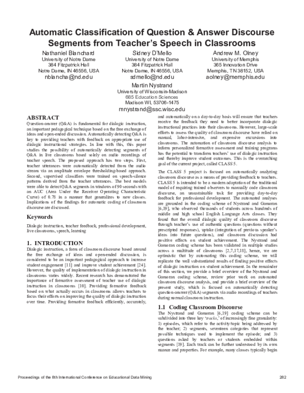 (PDF) Classifying Q&A from Teachers' Speech: Moving Toward an Automated ...