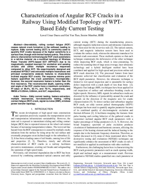 Characterization of Angular RCF Cracks in a Railway Using Modified Topology of WPT-Based Eddy ...