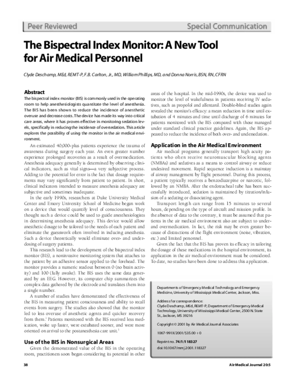 (PDF) The bispectral index monitor: A new tool for air medical personnel