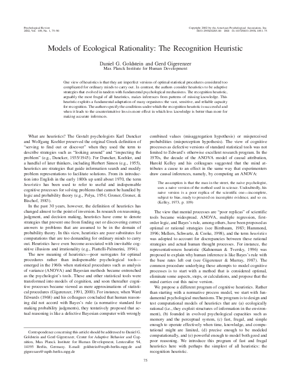 (PDF) Models of ecological rationality: The recognition heuristic