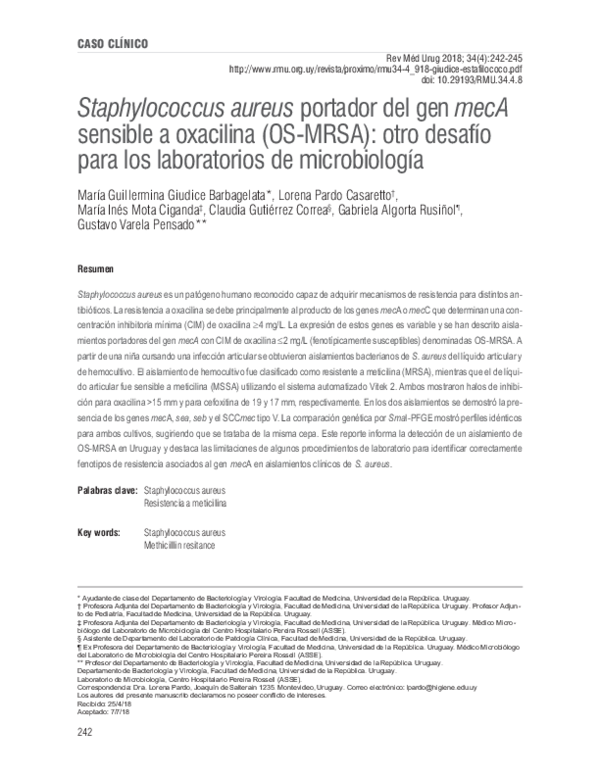(PDF) Staphylococcus aureus portador del gen mecA sensible a oxacilina ...