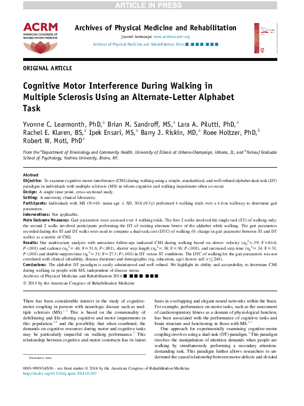 (PDF) Cognitive Motor Interference During Walking in Multiple Sclerosis Using an Alternate ...