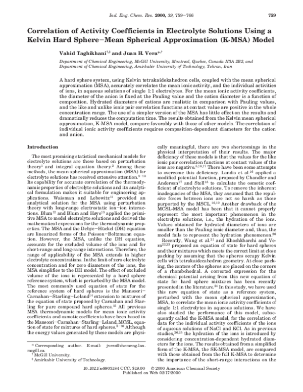(PDF) Correlation of Activity Coefficients in Electrolyte Solutions ...