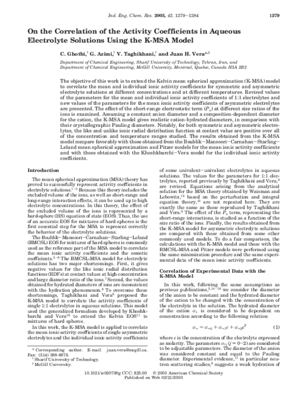 (PDF) On the Correlation of the Activity Coefficients in Aqueous Electrolyte Solutions Using the ...