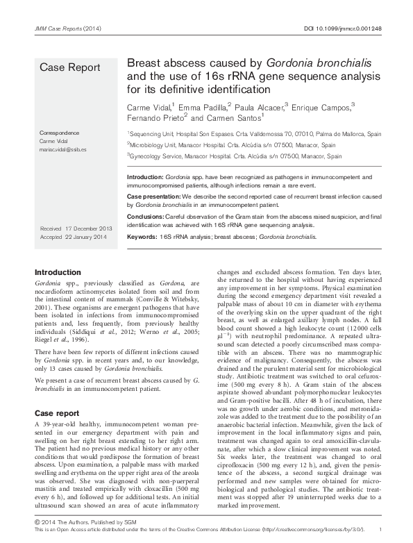 (PDF) Breast abscess caused by Gordonia bronchialis and the use of 16s ...