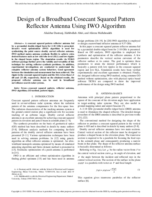 (PDF) Design of a Broadband Cosecant Squared Pattern Reflector Antenna Using IWO Algorithm