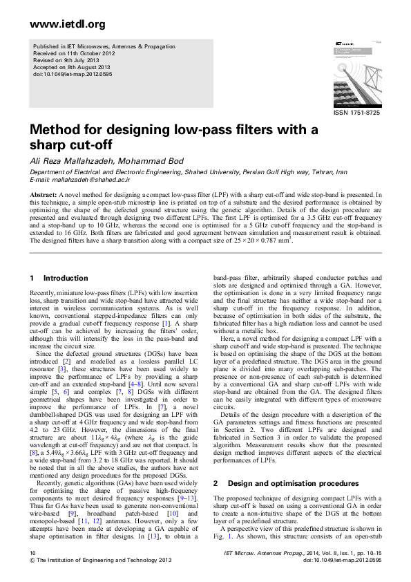 (PDF) Method for designing low‐pass filters with a sharp cut‐off