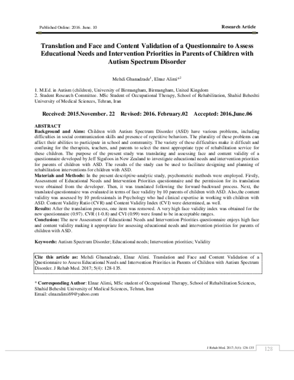 (PDF) Translation and Face and Content Validation of a Questionnaire to ...