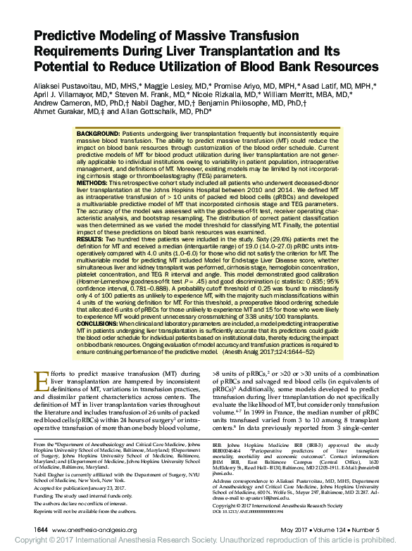 (PDF) Predictive Modeling of Massive Transfusion Requirements During ...