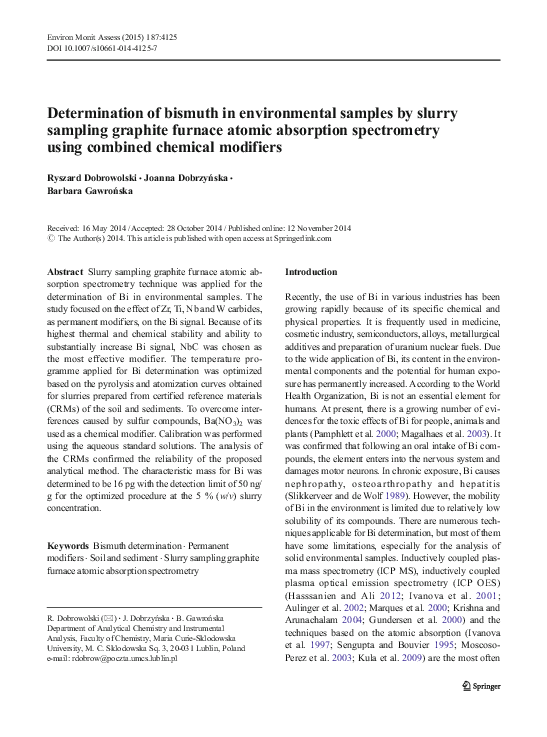 Pdf Determination Of Bismuth In Environmental Samples By Slurry Sampling Graphite Furnace