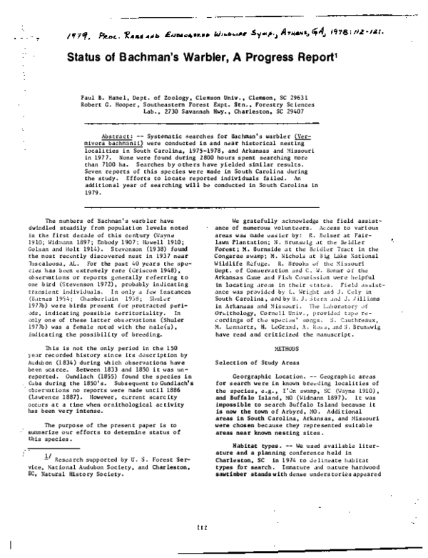 (PDF) Status of Bachman's Warbler, A progress report